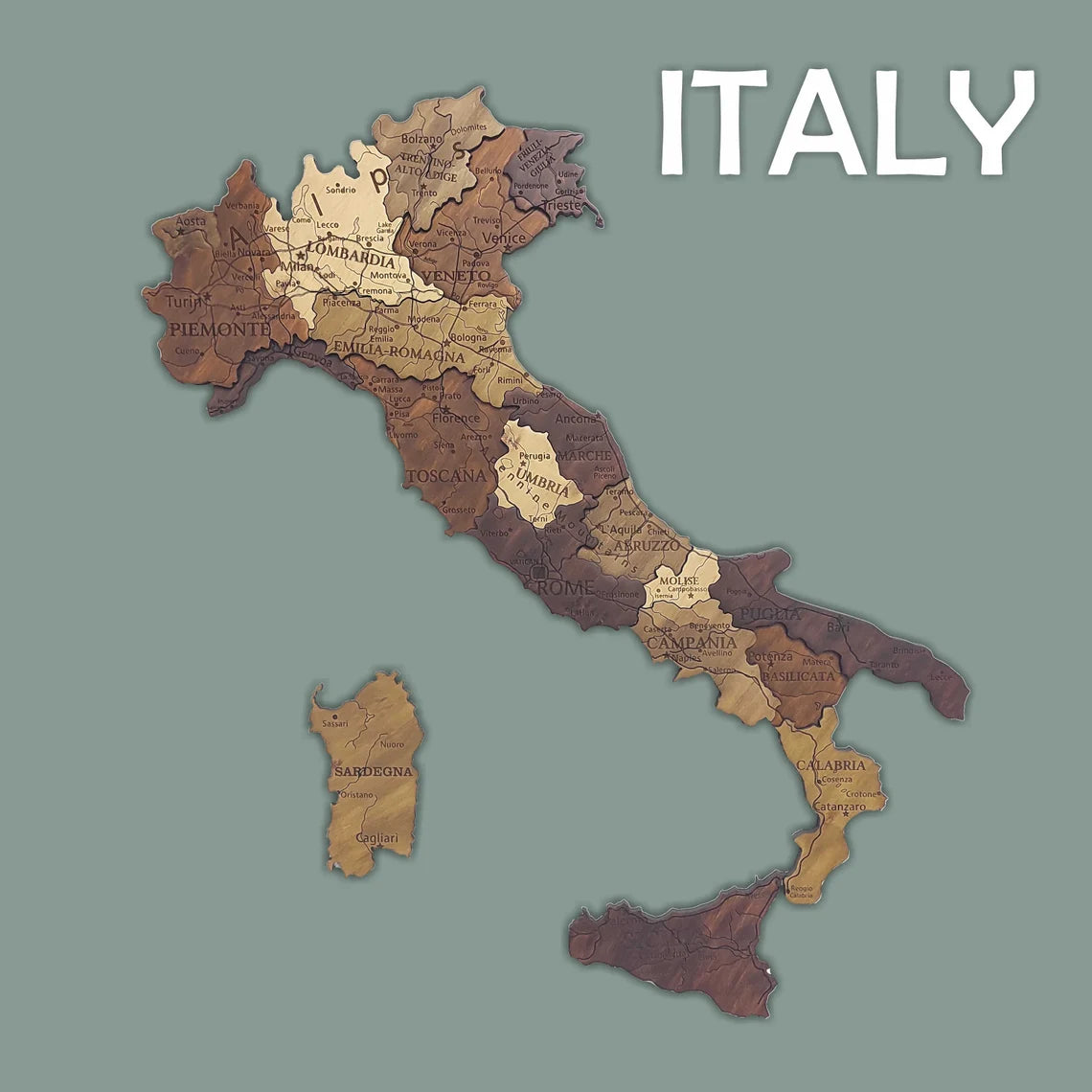 Wooden Italy Map, 3D Italy Map, Italy Travel Map, Detailed Italy Map ...